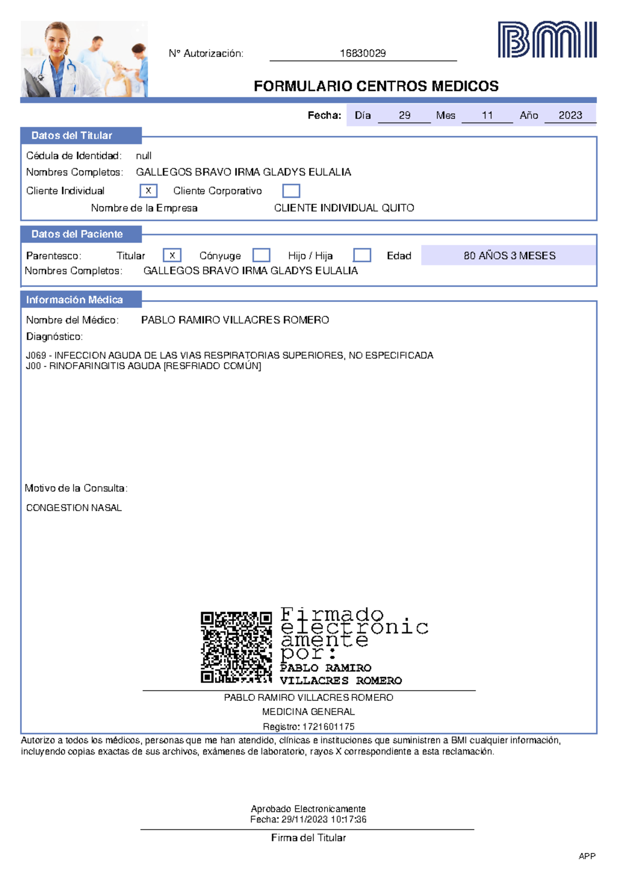 Formulario BMI 4095693 - FORMULARIO CENTROS MEDICOS N° Autorización ...