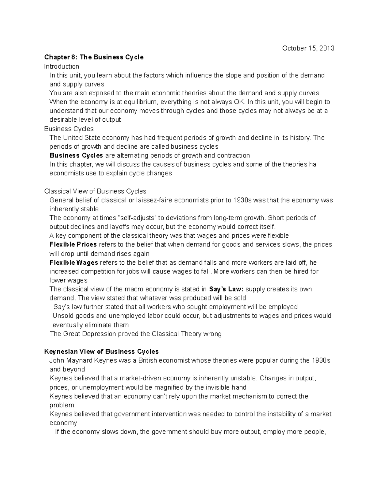ECON 2020 - Lecture Notes on Chapter 8 - The Business Cycle - October ...