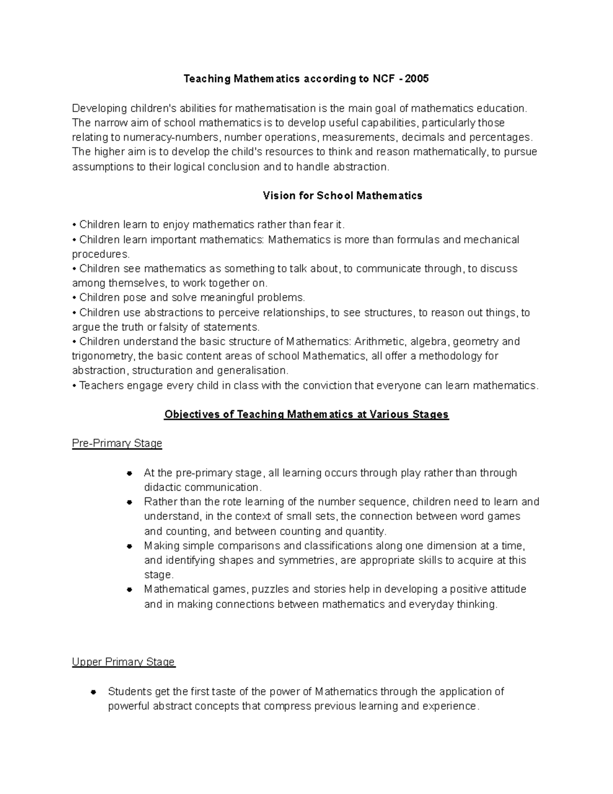 Mathematics and NCF 2005 - Teaching Mathematics according to NCF - 2005 ...