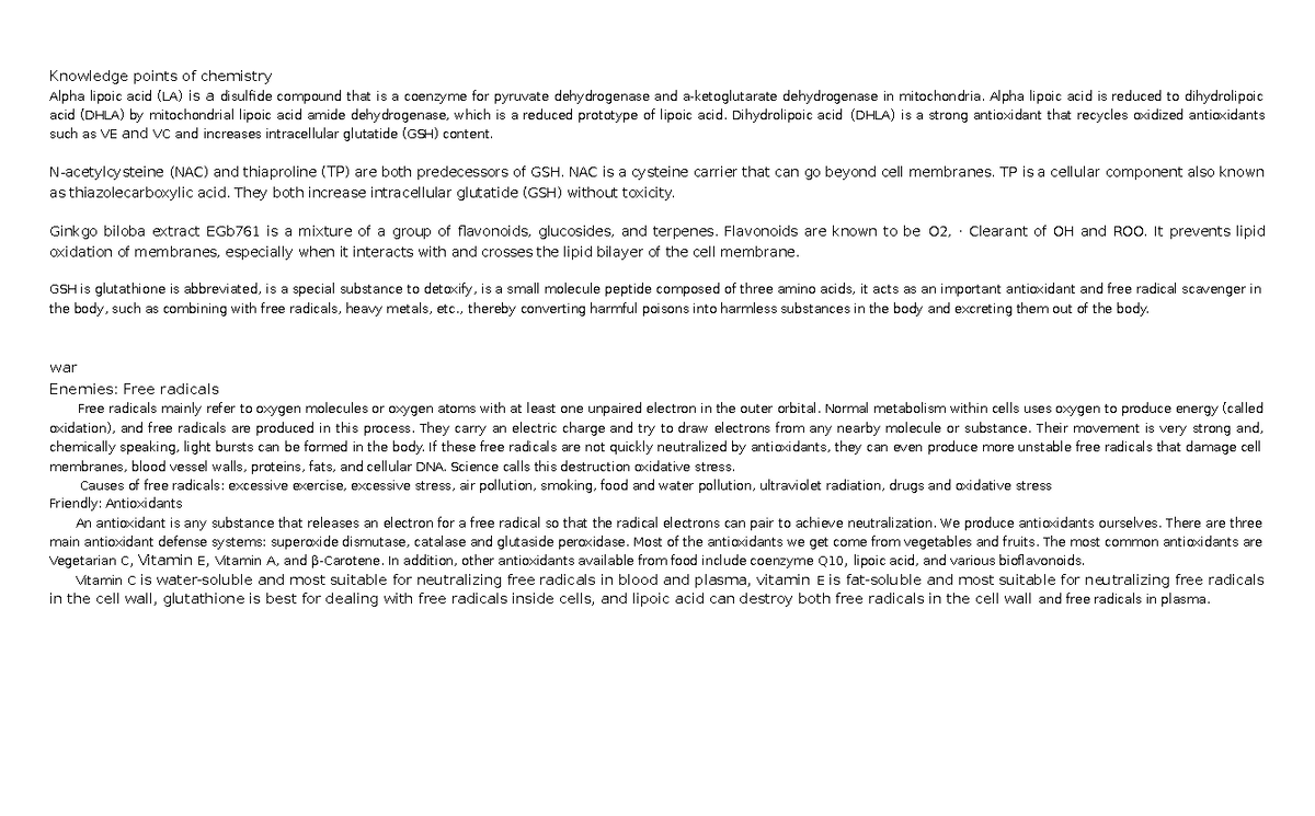 Knowledge points of chemistry CH02 - Knowledge points of chemistry Alpha lipoic acid (LA) is a ...