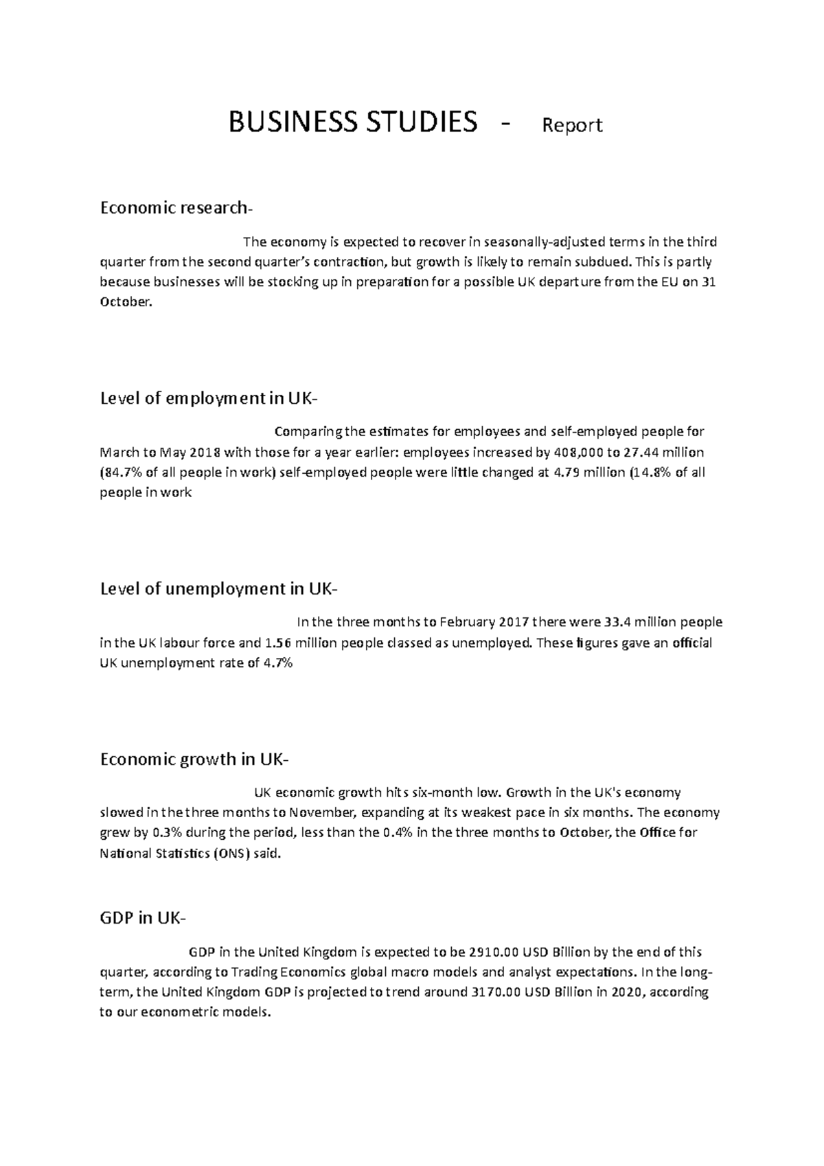 Business Studies report - BUSINESS STUDIES - Report Economic research ...