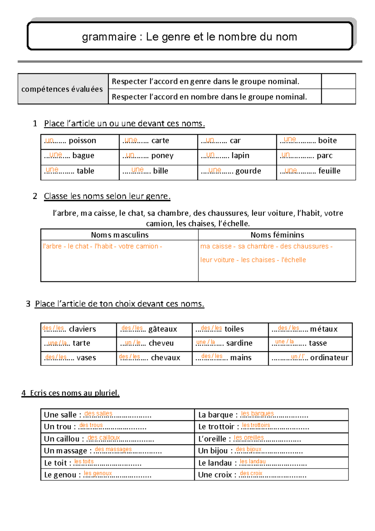 Corrigé Le genre et le nombre entrainement - compétences évaluées ...