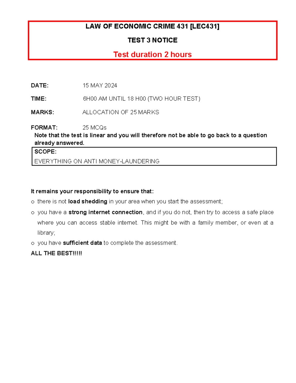 LEC431 TEST Three Notice 2024 1 - LAW OF ECONOMIC CRIME 431 [LEC431 ...