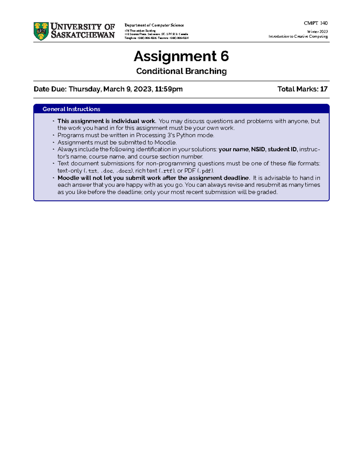 Cmpt140-asn06 - assignment 6 - Department of Computer Science 176 ...