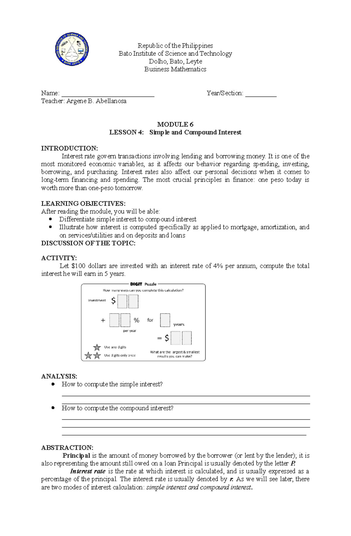 Module 6 - Simple and Compound Interest - Republic of the Philippines ...