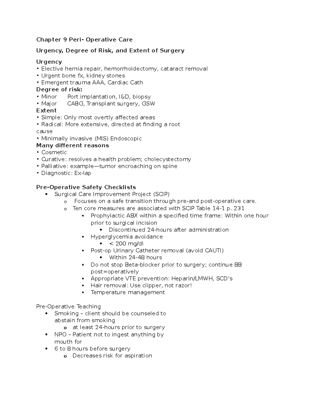 Chapter 9 Peri - Lecture Notes - Chapter 9 Peri- Operative Care Urgency ...