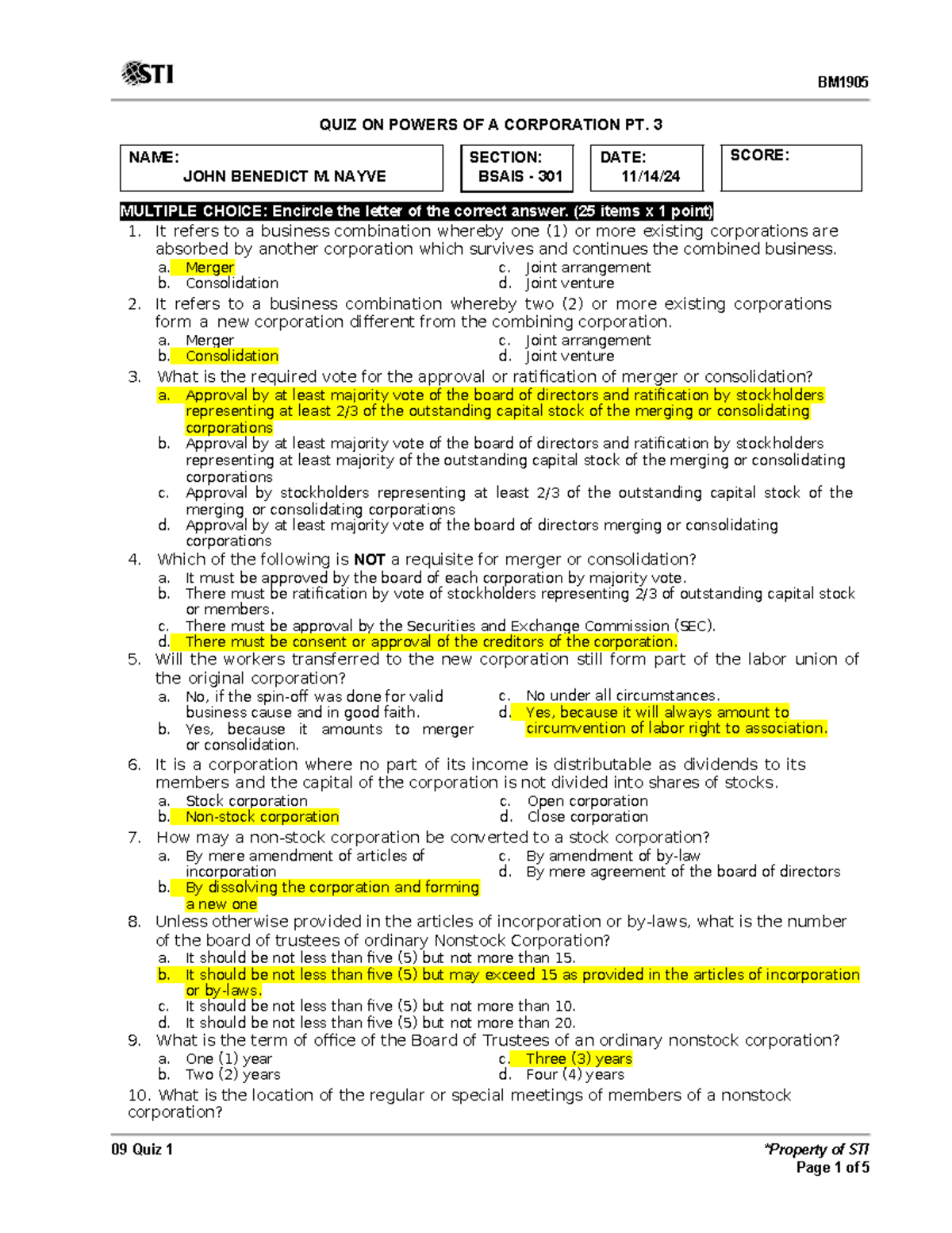 Nayve (09 QUIZ 1) - goodluck!!!!!!!!!!!! - 09 Quiz 1 *Property of STI ...