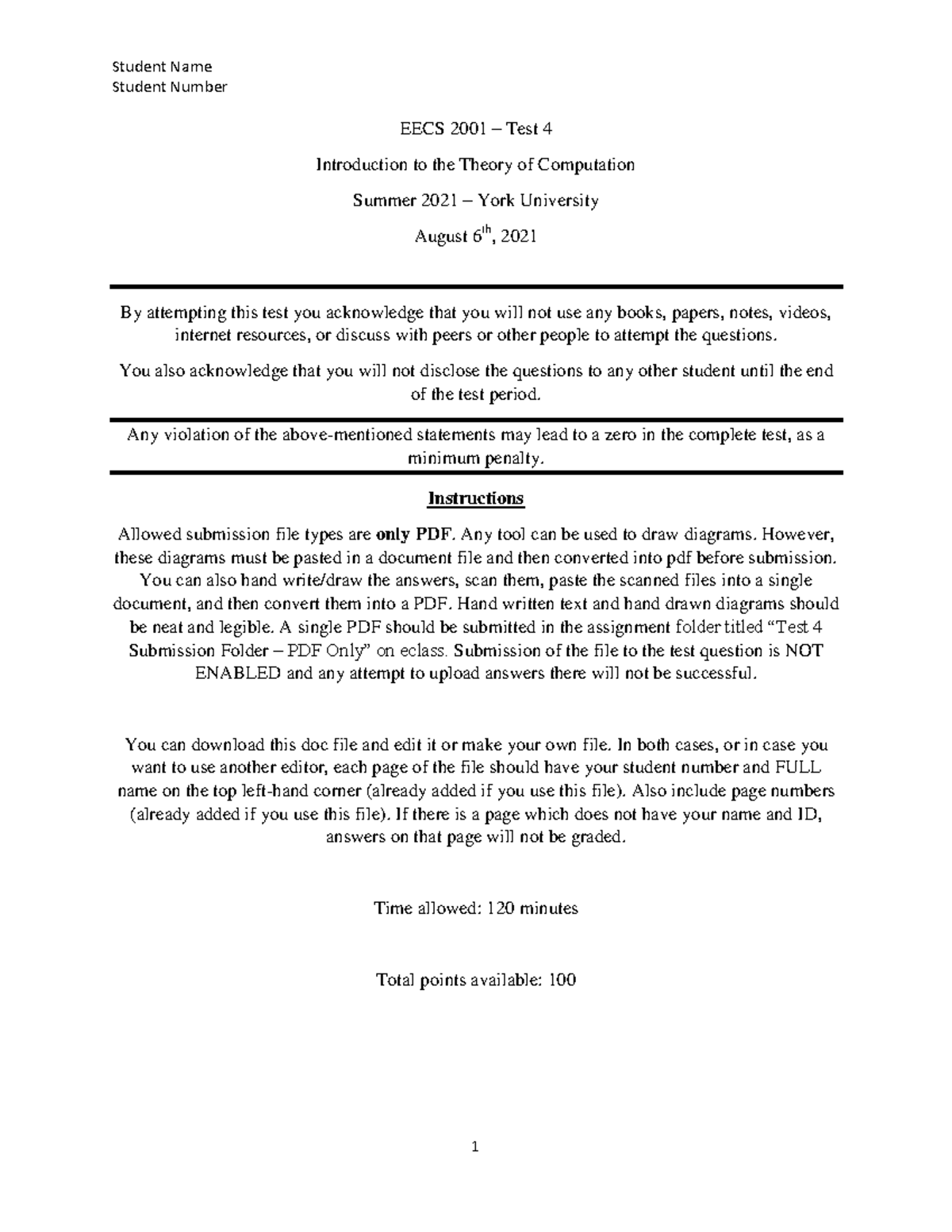 TEST 4 Test4 Student Number EECS 2001 Test 4 Introduction To The