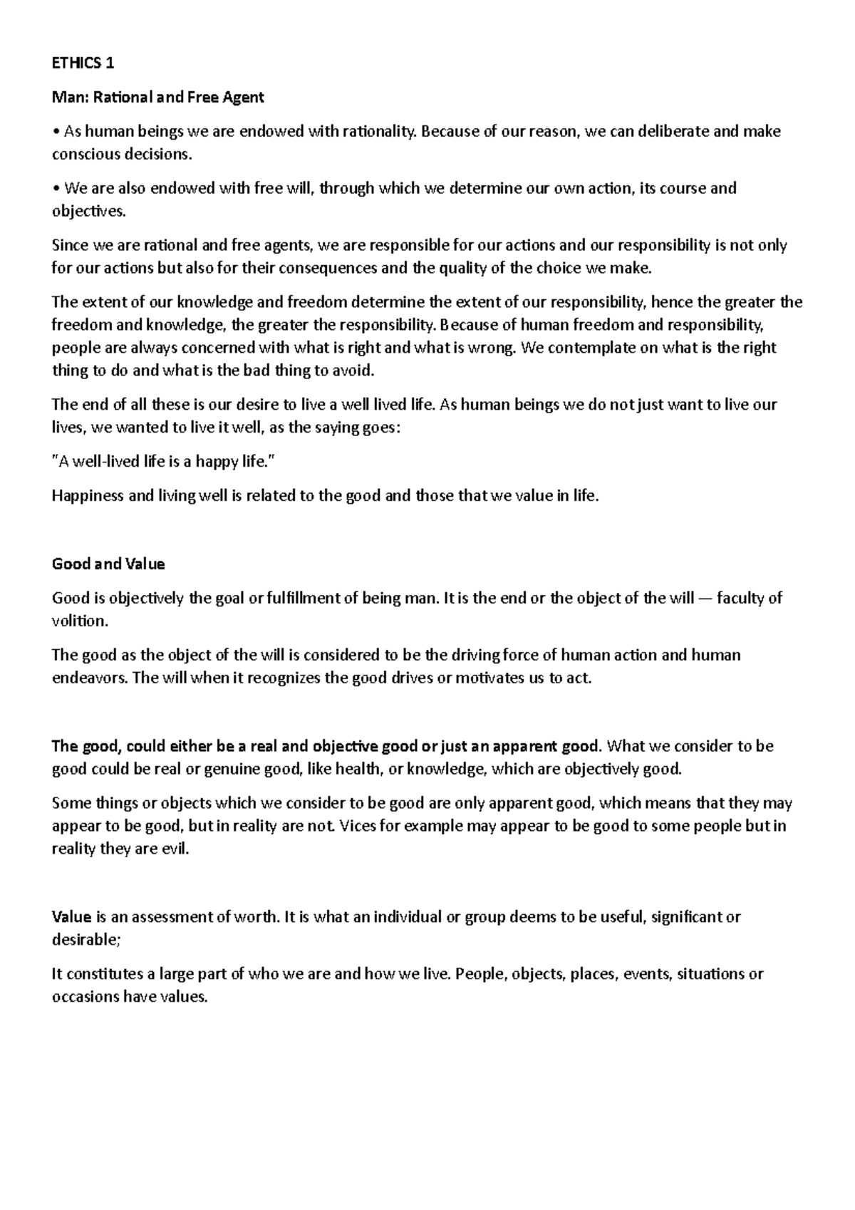Man as moral agent - Lecture notes 1 - ETHICS 1 Man: Rational and Free ...