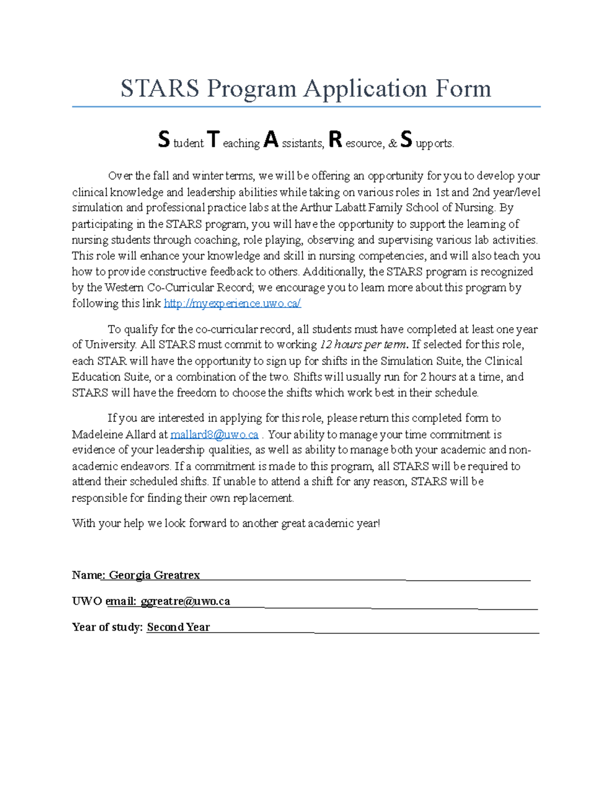 Greatrex Georgia - Stars Application Form - STARS Program Application ...