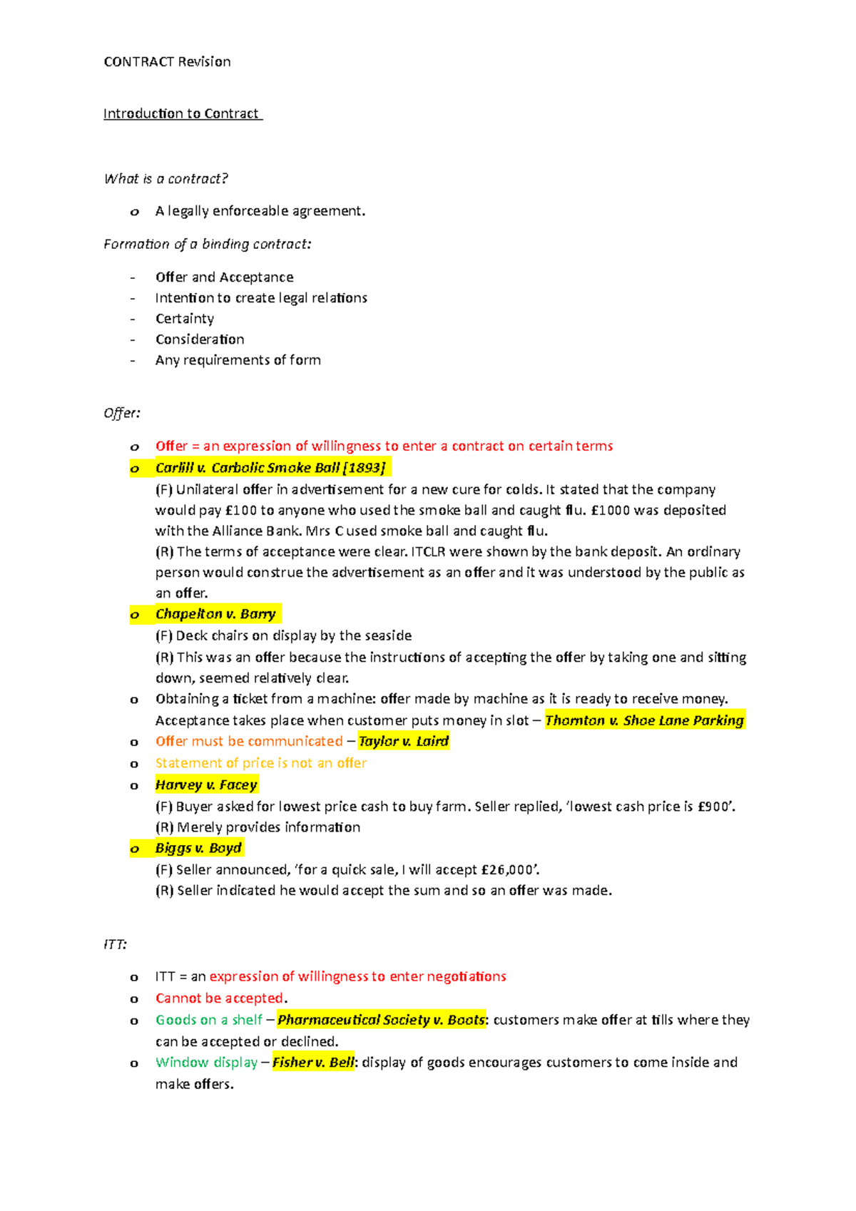 1 Formation of a Contract - CONTRACT Revision Introduction to Contract ...