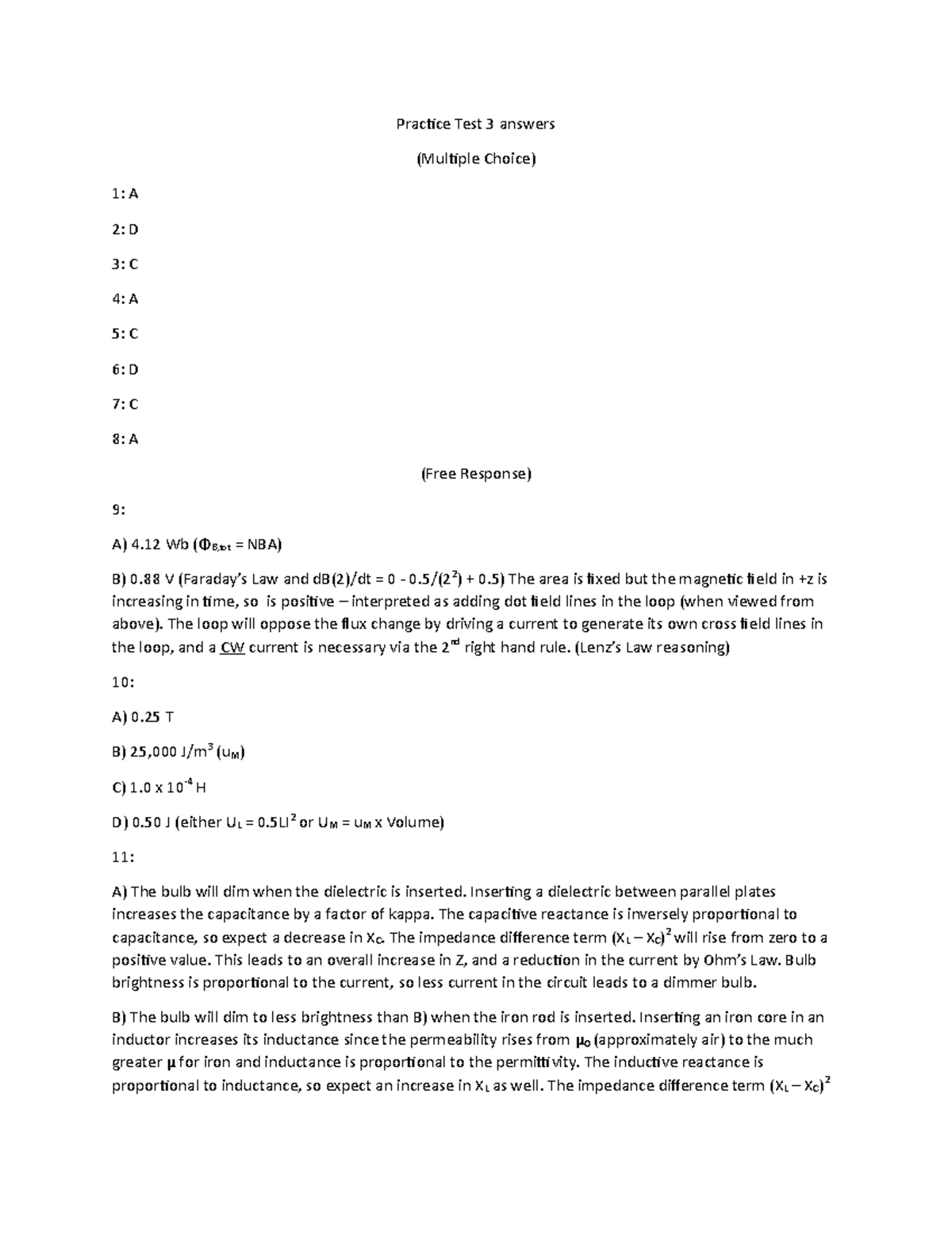 Fa22Test 3 Practice Answers Practice Test 3 Answers Multiple Choice