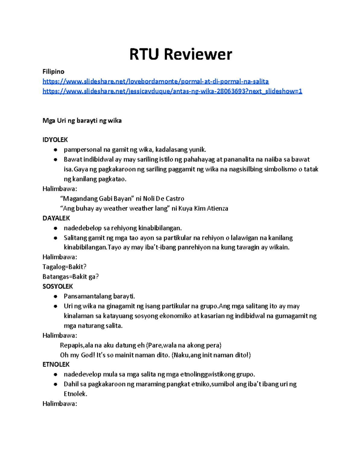 RTU-Reviewer - notes - RTU Reviewer Filipino slideshare/lovebordamonte ...