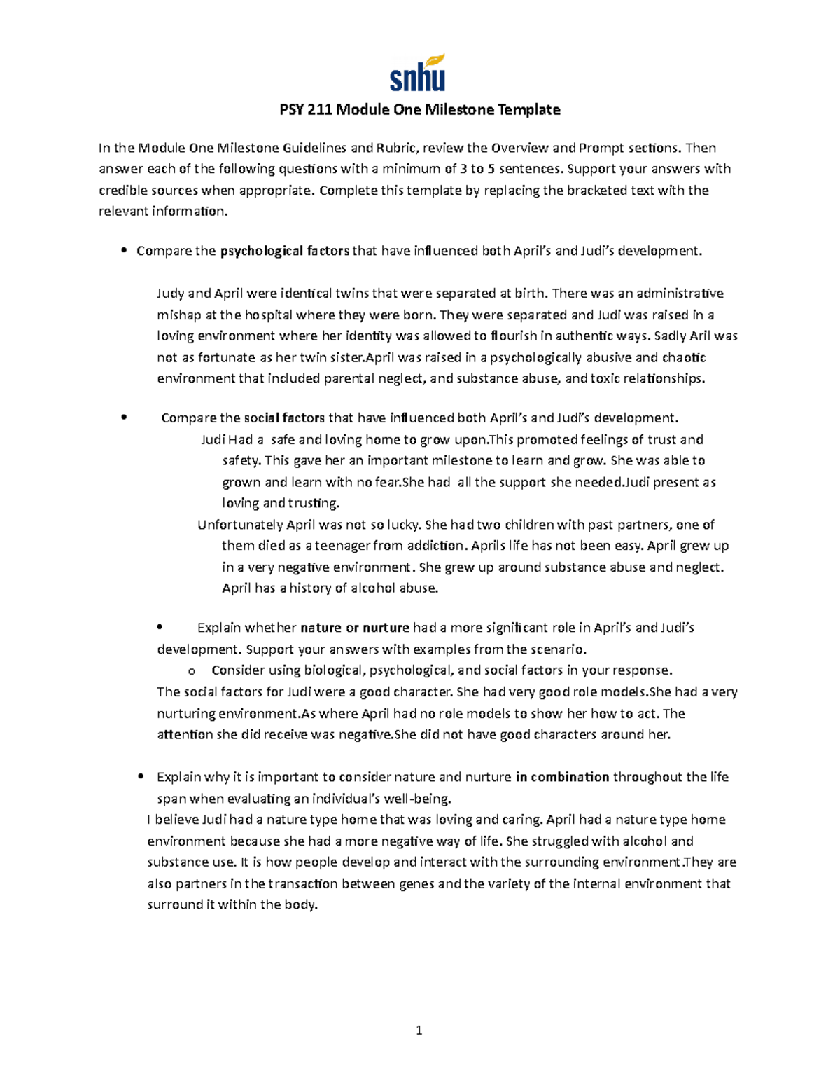 PSY 211 Module One Milestone Template - Then answer each of the following questions with a ...