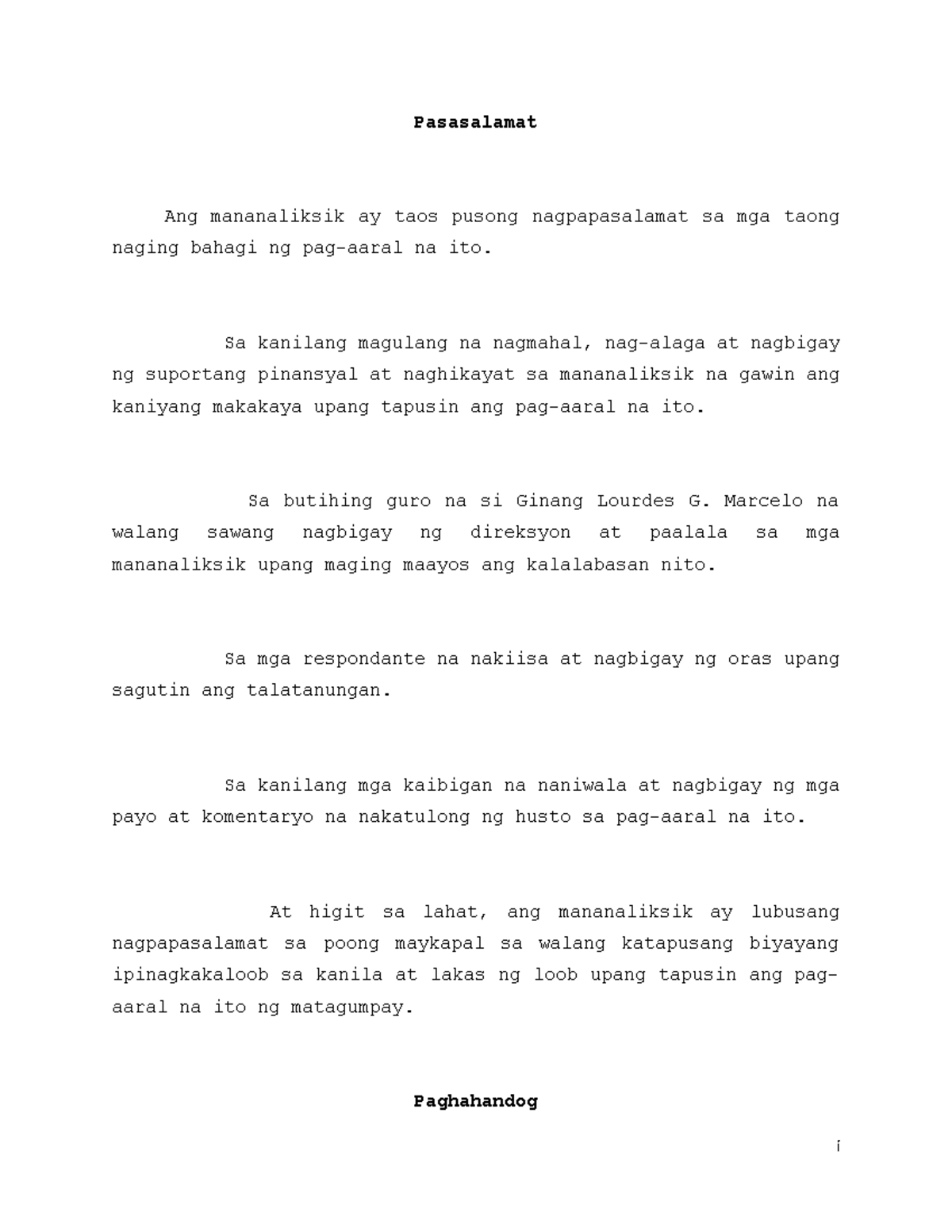 413132722 Paghahandog at Pasasalamat - Pasasalamat Ang mananaliksik ay taos pusong ...
