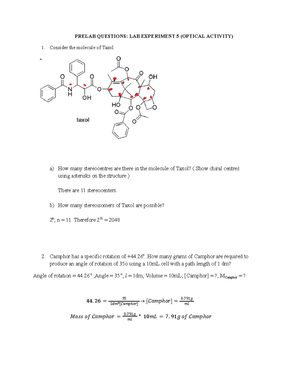 Prelab Questions experiment 5 new - PRELAB QUESTIONS: LAB EXPERIMENT 5 (OPTICAL ACTIVITY) 1 ...