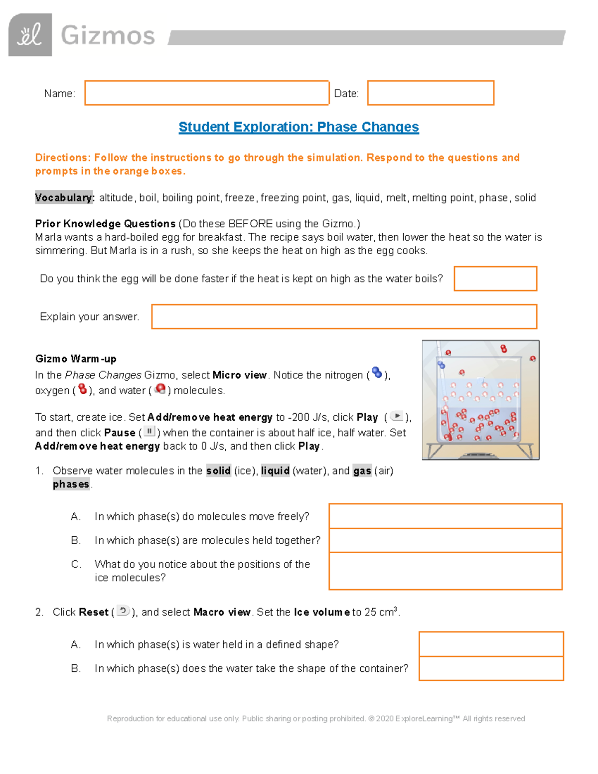 Gizmos - Phase Changes SE - Name: Date: Student Exploration: Phase ...