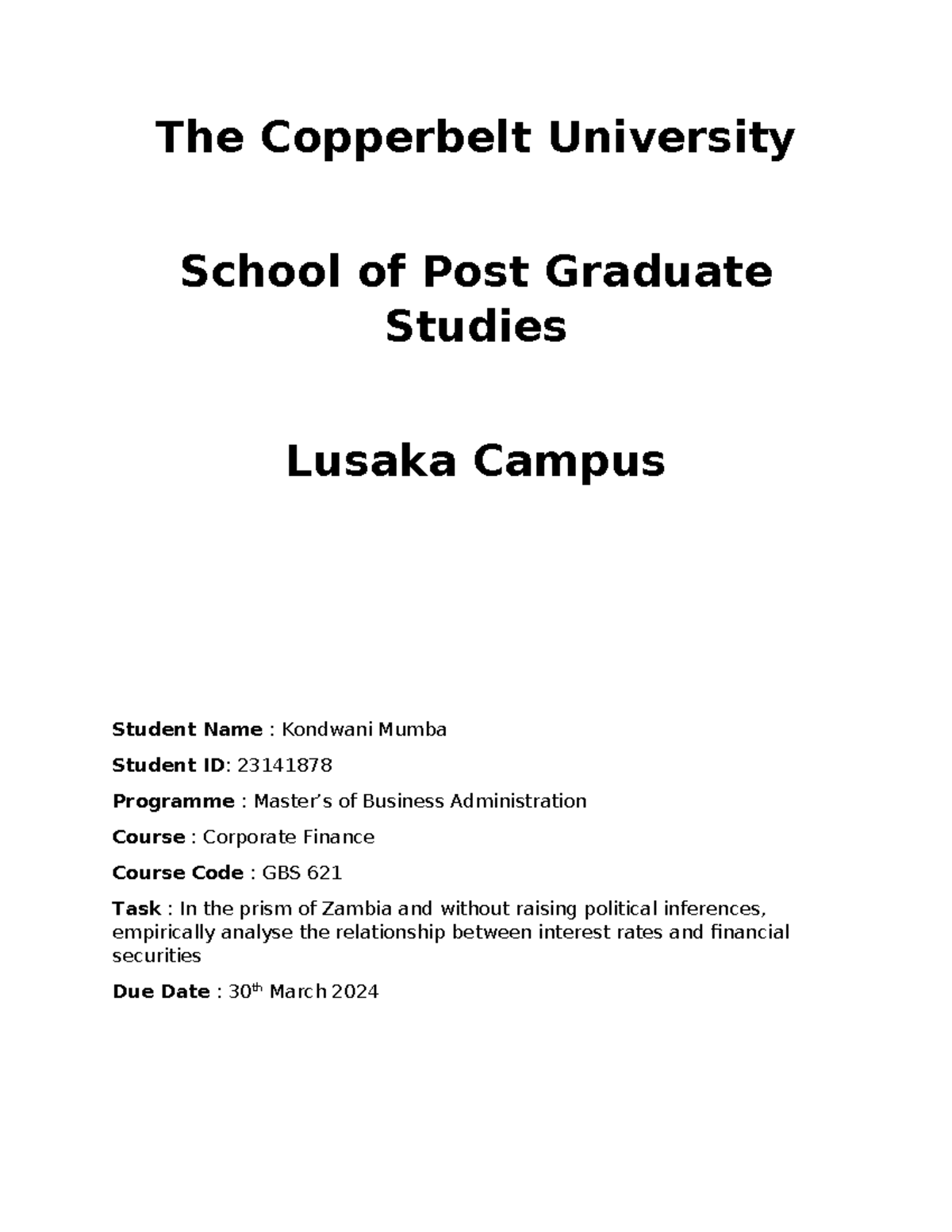 Corporate Finance Assignment 1 - The Copperbelt University School of ...
