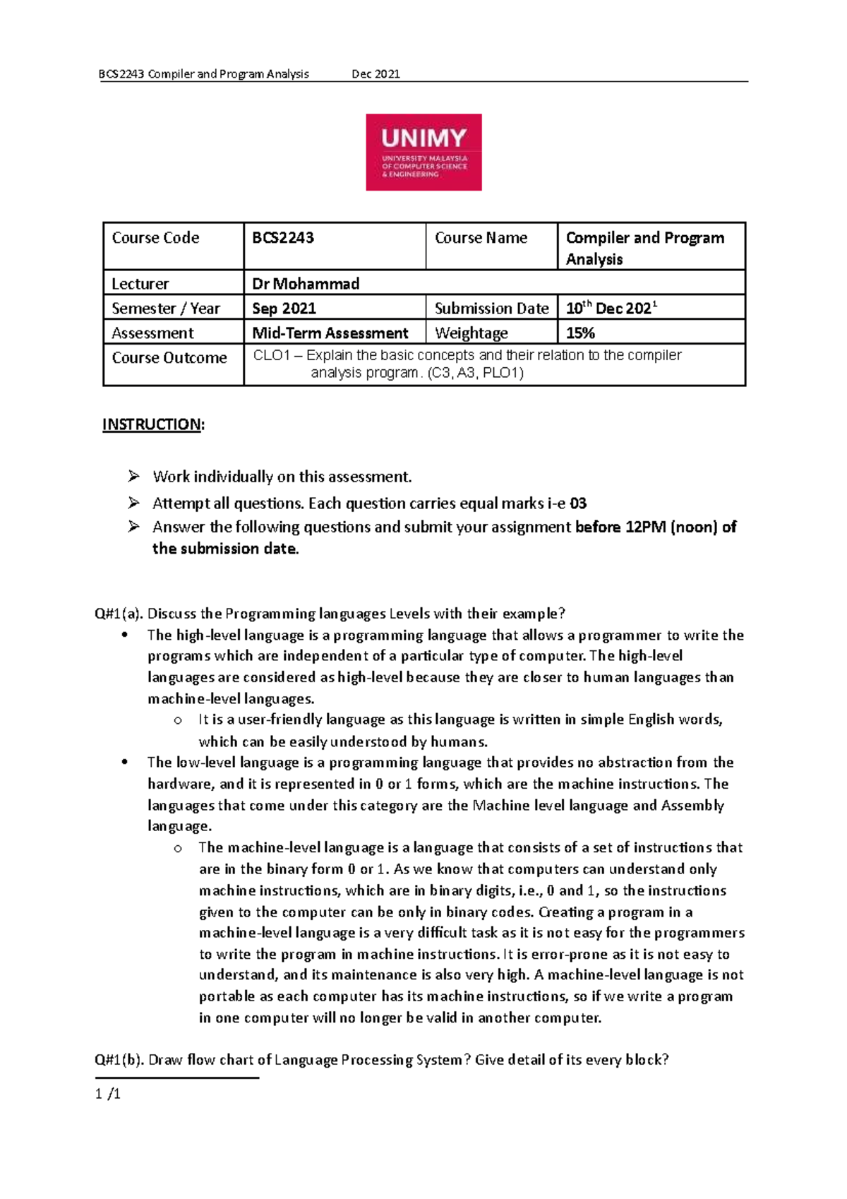 Midterm Paper - not to copy - BCS2243 Compiler and Program Analysis Dec ...