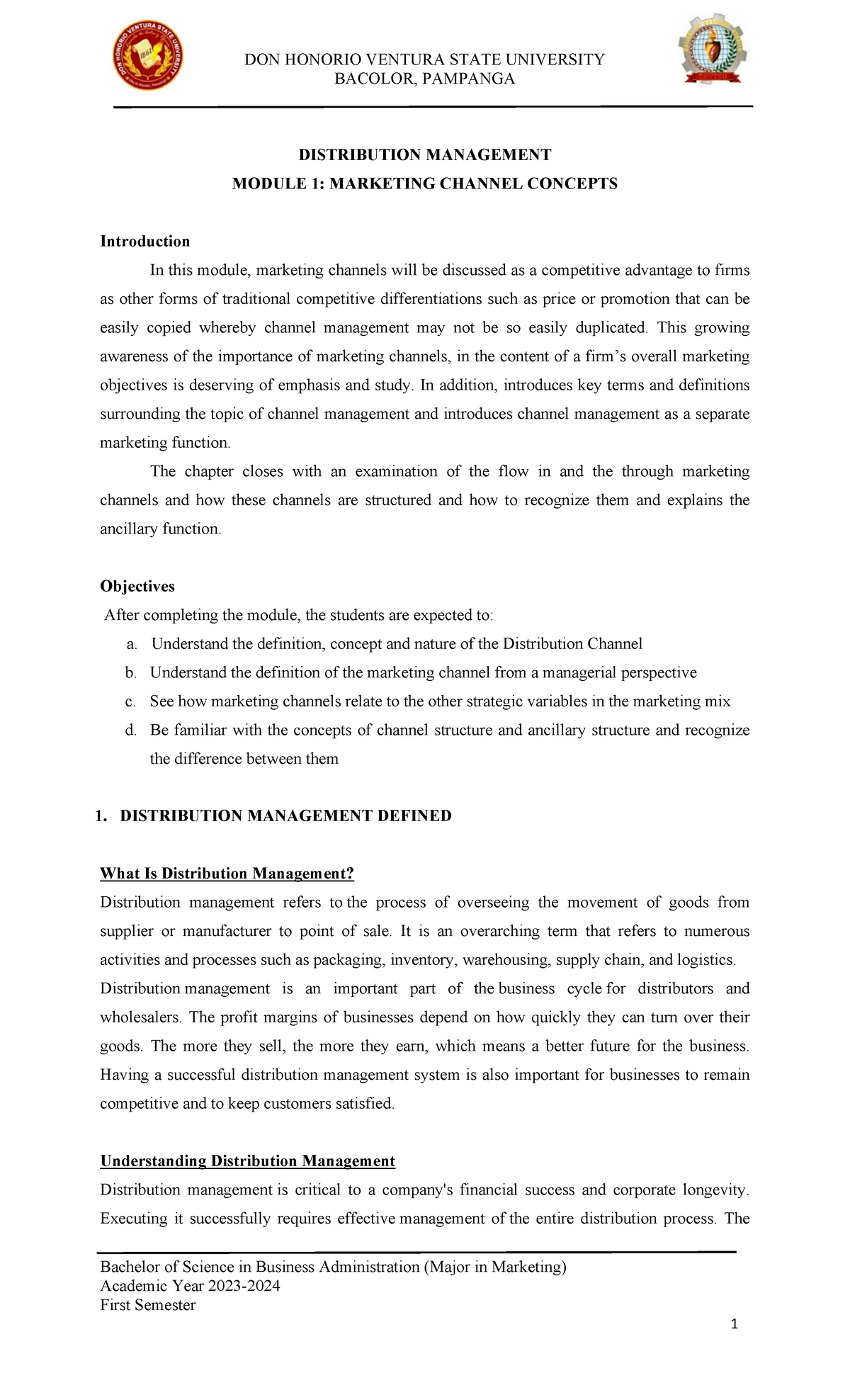 DM Module 1 Marketing Channel Concepts - BACOLOR, PAMPANGA Bachelor of Science in Business - Studocu