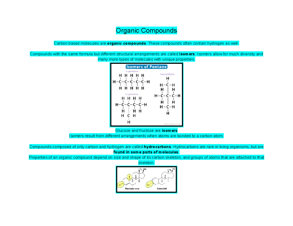 Biology chapter 3 notes - Organic Compounds Carbon based molecules are ...