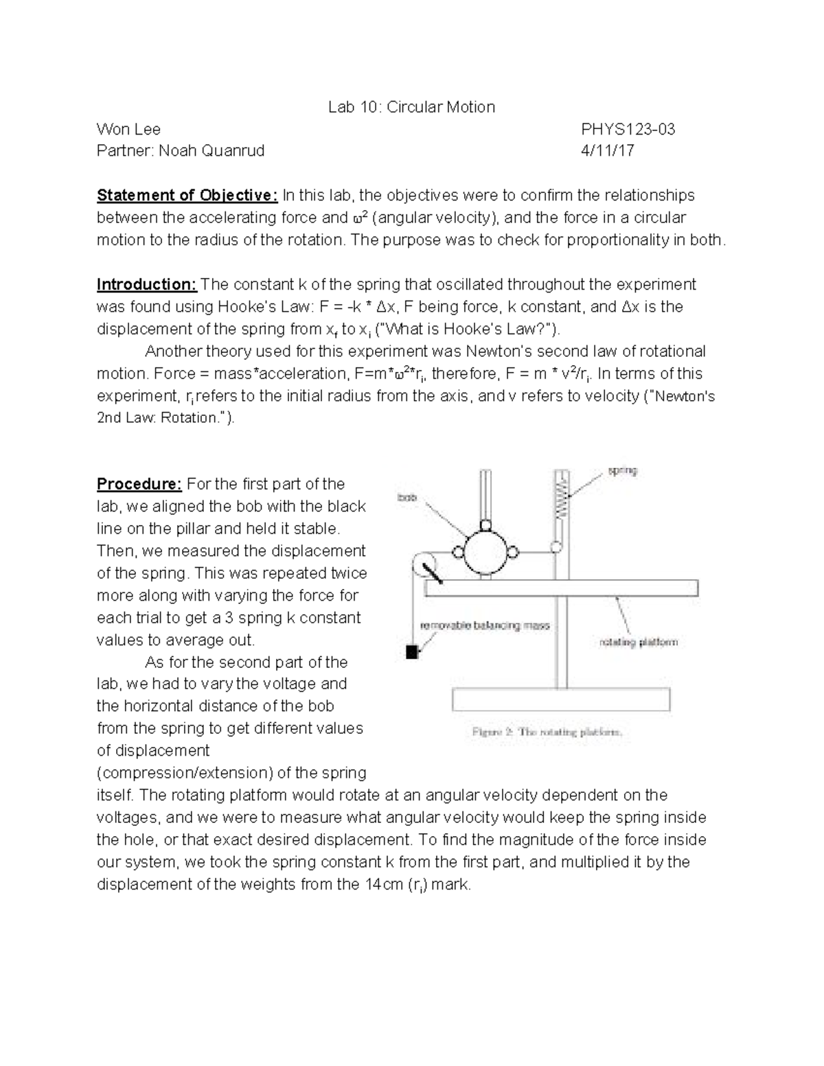 Experiment 10 Circular Motion - Lab 10: Circular Motion Won Lee PHYS123 ...
