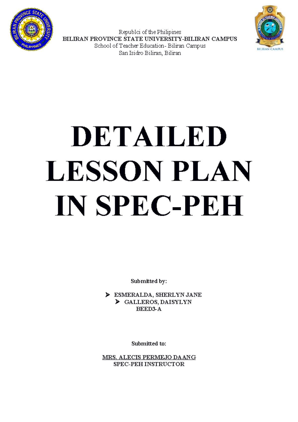 Detailed Lesson plan in PEH - Republci of the Philipines BILIRAN ...