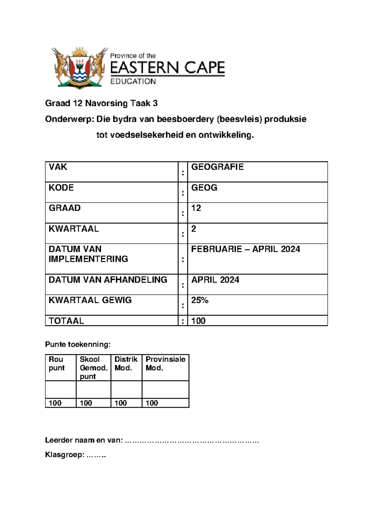 Graad 12 Navorsing taak 2024 KW2 - Graad 12 Navorsing Taak 3 Onderwerp ...