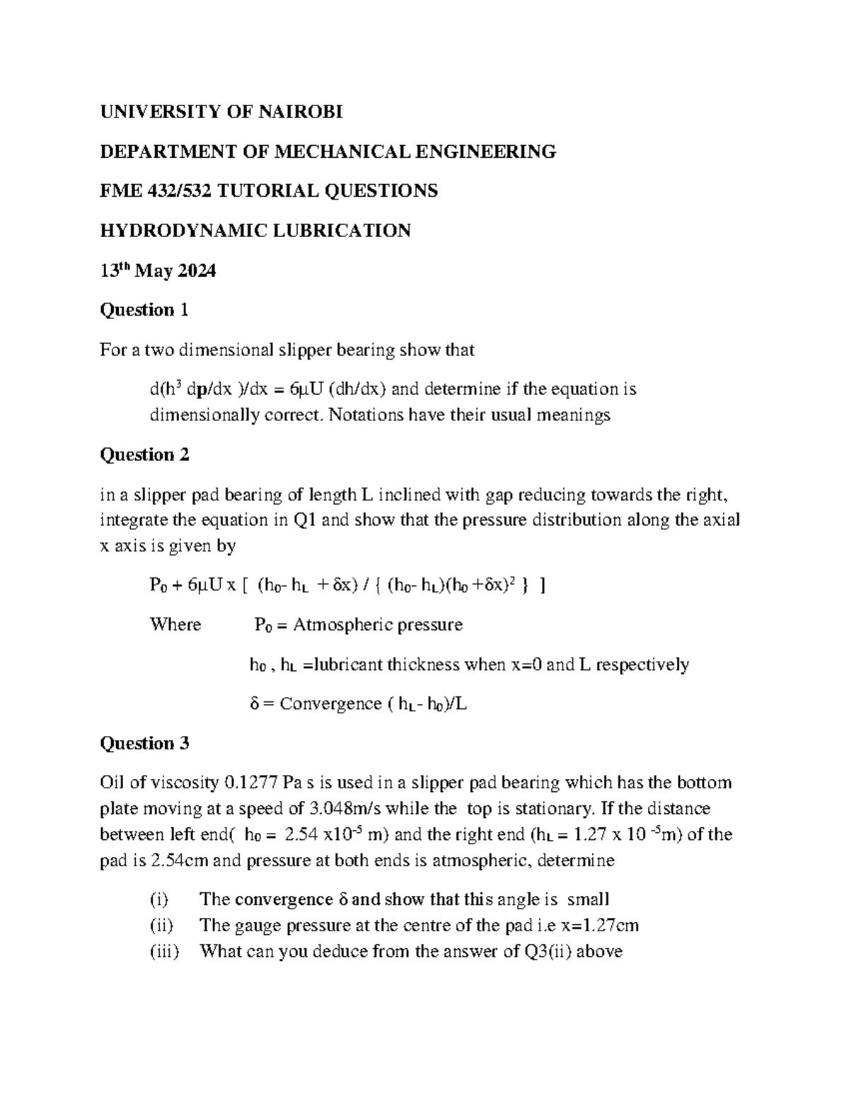 FME 432 532 Tutorial MAY2024 - UNIVERSITY OF NAIROBI DEPARTMENT OF MECHANICAL ENGINEERING FME ...