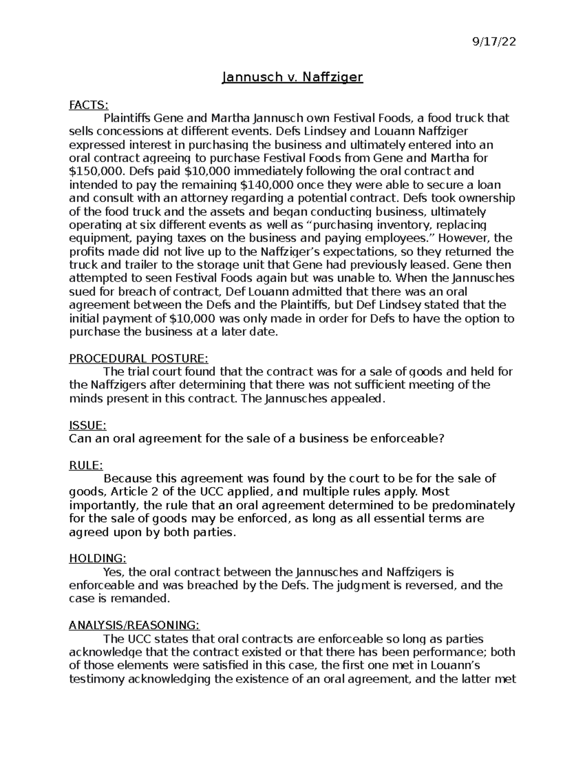 Jannusch v. Naffziger - Case brief - 9/17/ Jannusch v. Naffziger FACTS ...