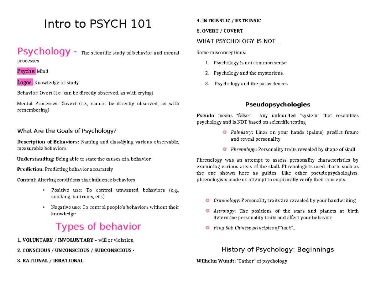 Intro to psych 101 - Intro to PSYCH 101 Psychology - The scientific study of behavior and mental ...