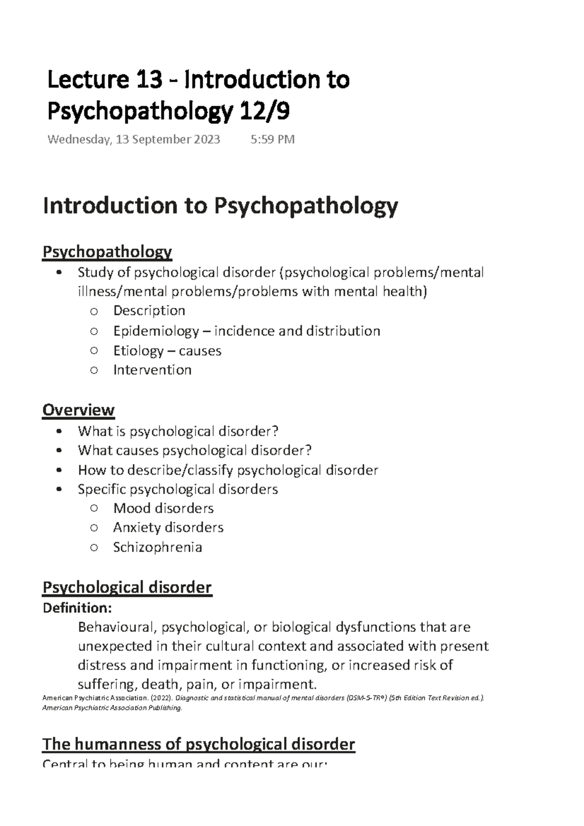 Lecture 13 - Introduction to Psychopathology - Introduction to ...