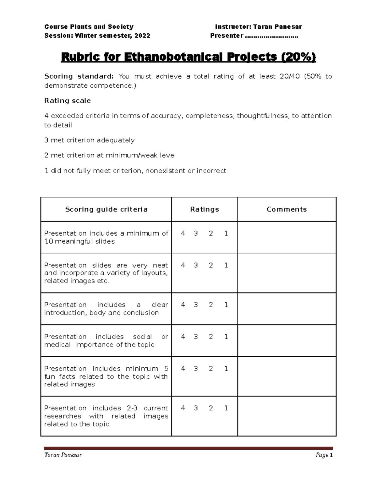 Revised Rubric for Ethanobotanical Projects - Course Plants and Society ...