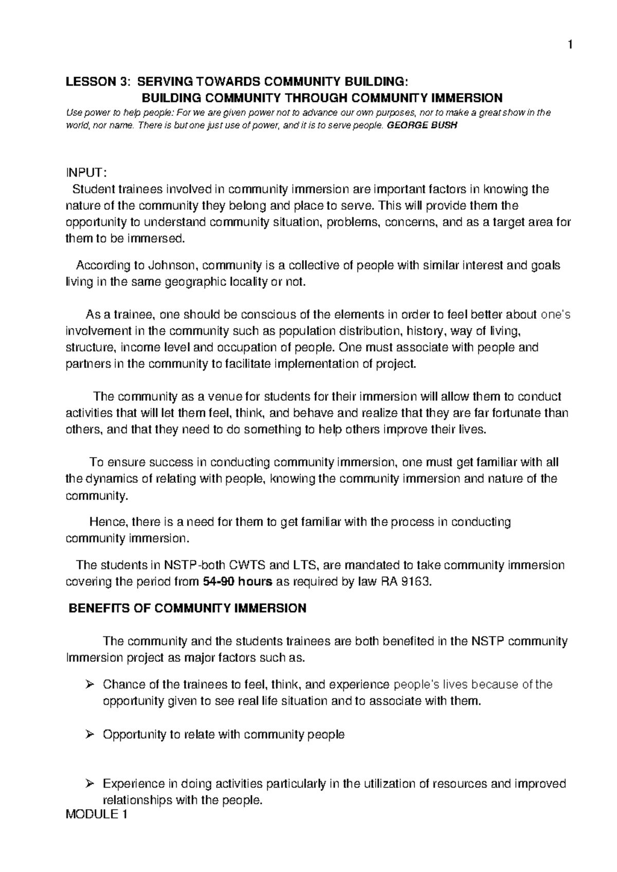 NSTP CWTS 2 Module 1 2ND SEM Lesson 3 - LESSON 3 : SERVING TOWARDS ...