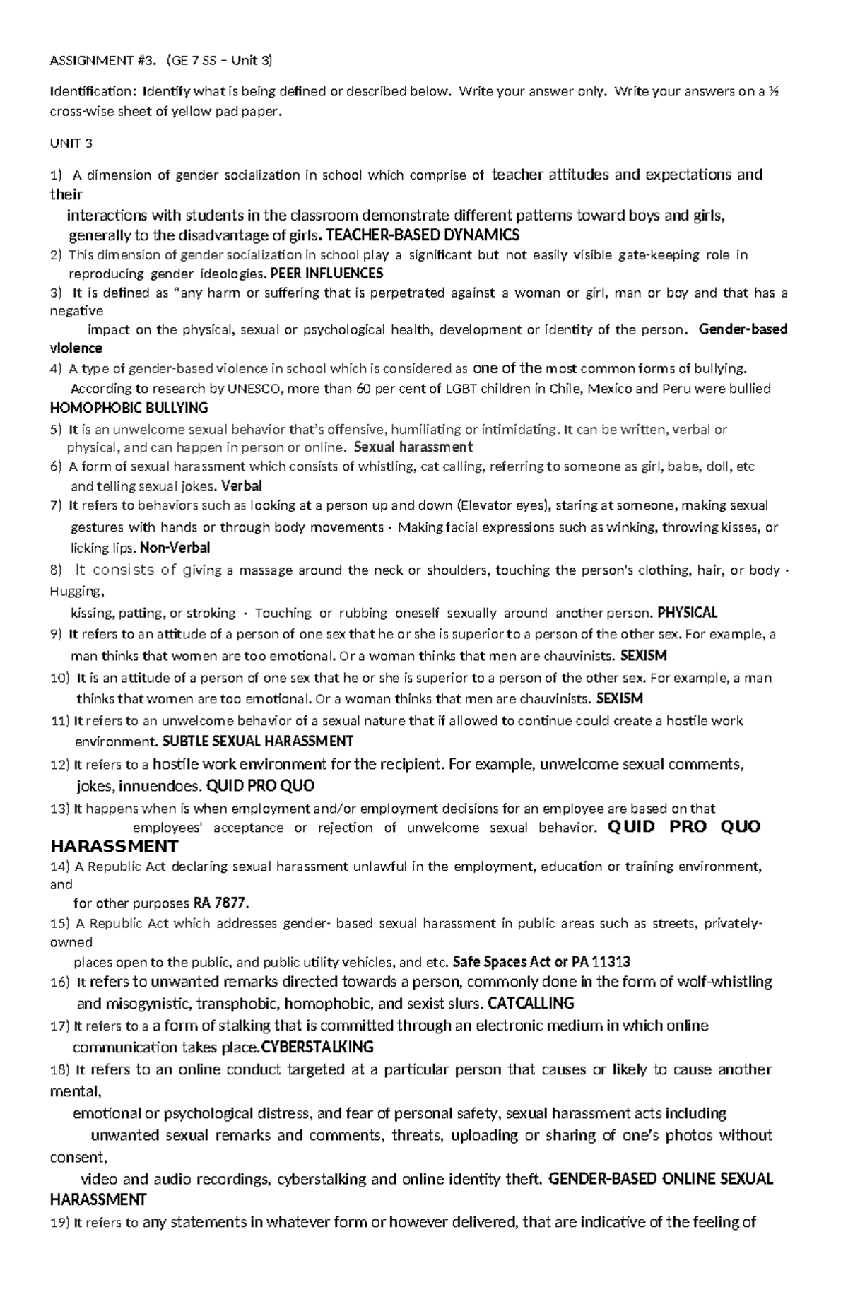 Assign 3 GE 7 SS Unit 3 - ASDX - ASSIGNMENT #3. (GE 7 SS – Unit 3) Identification: Identify what ...