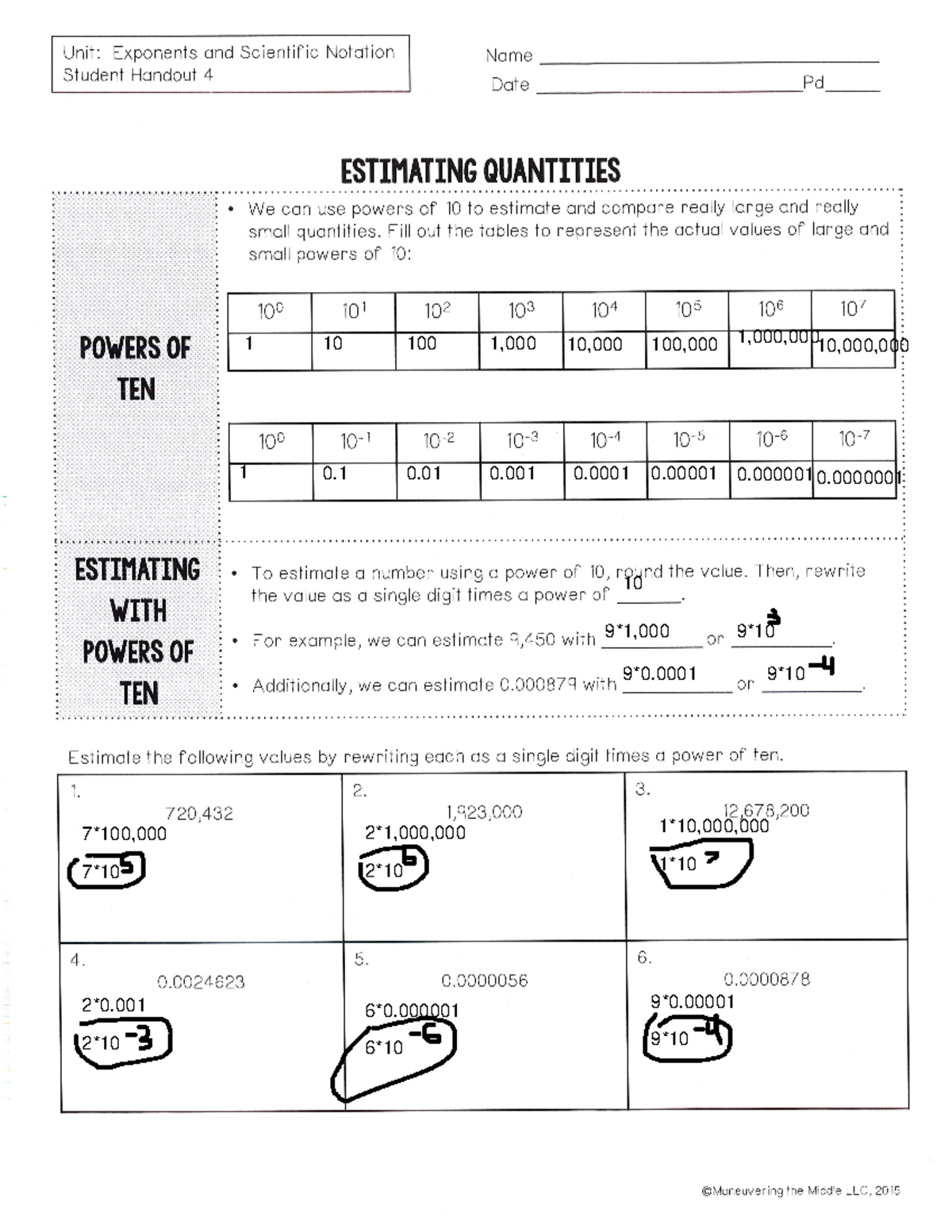 Estimating Quantities Handout - Unit: Exponents and Scientific Notation ...