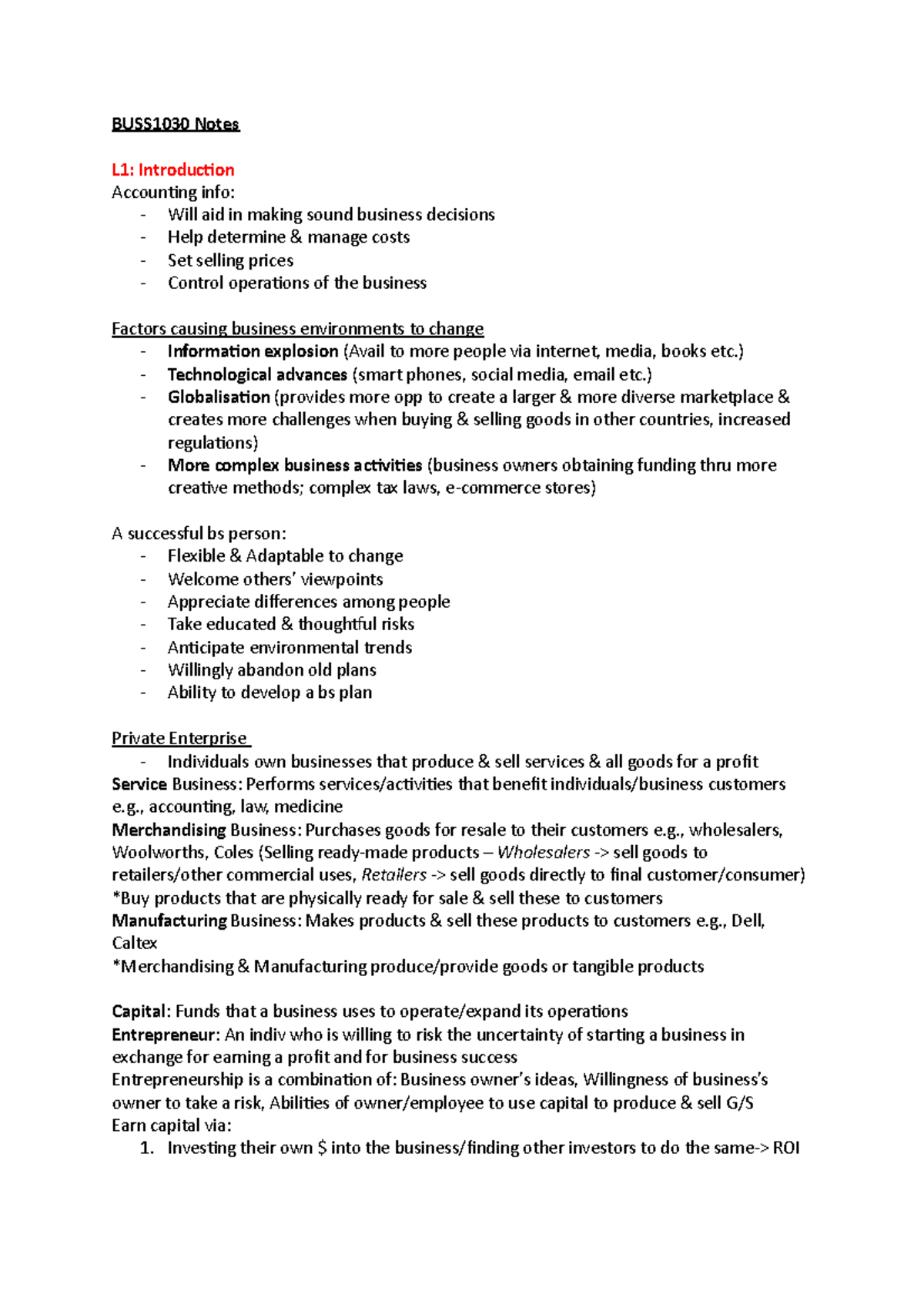 BUSS1030 notes - BUSS1030 Notes L1: Introduction Accounting info ...