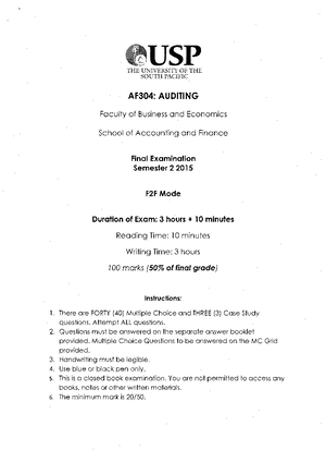 AF304 MST Paper with Answers 2016 - Auditing - USP - Studocu
