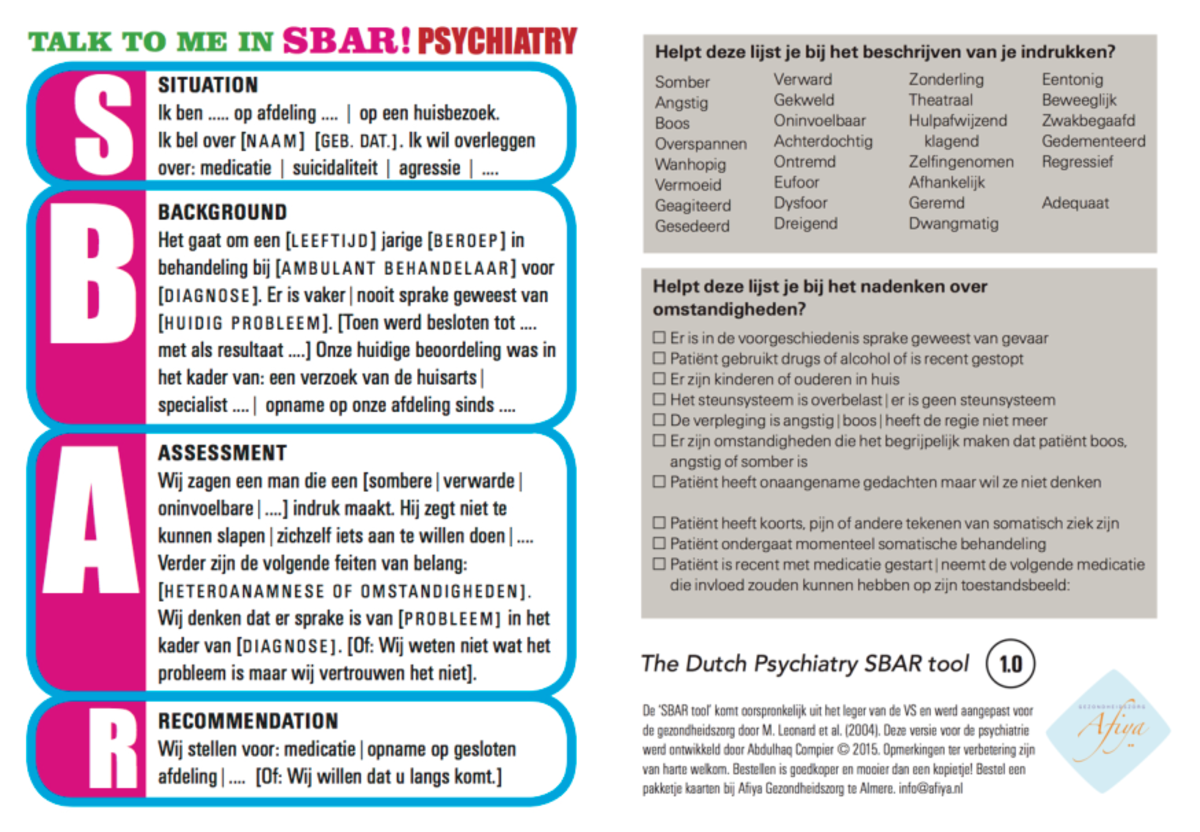 SBAR-tool-psychiatry - HBO keuzedeel verpleegkunde - Studeersnel