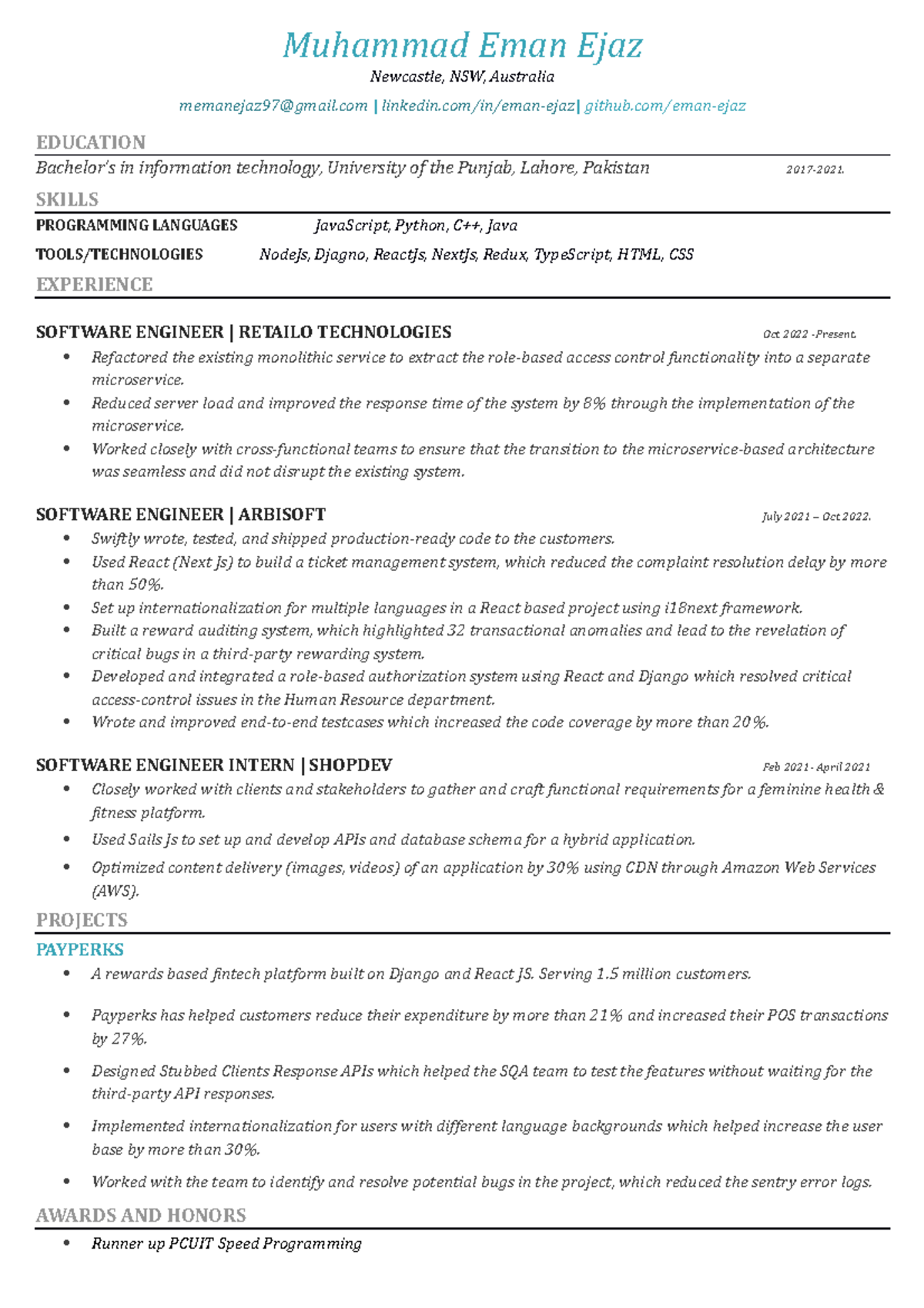 Muhammad EMAN EJAZ Software Engineer - Muhammad Eman Ejaz Newcastle, NSW, Australia - Studocu
