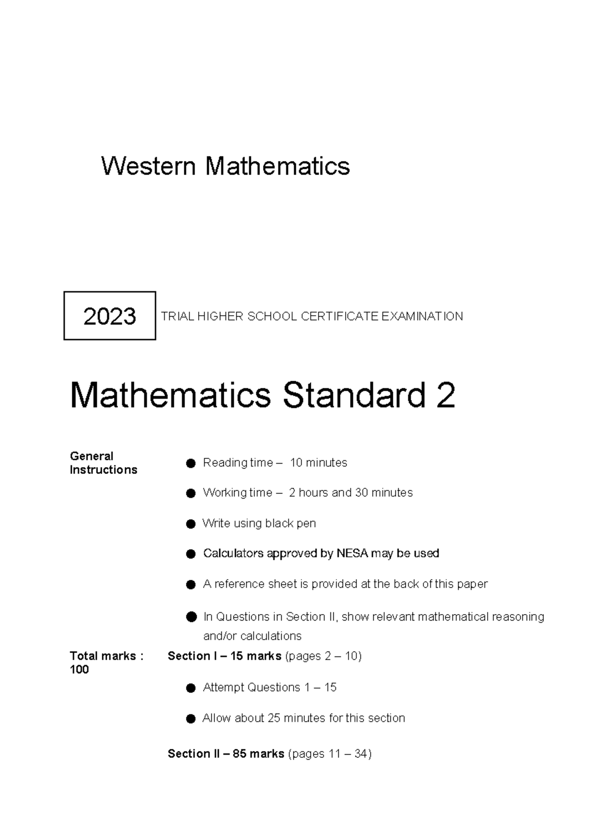 WME 2023 Mathematics Standard 2 Trial HSC Exam - Western Mathematics ...