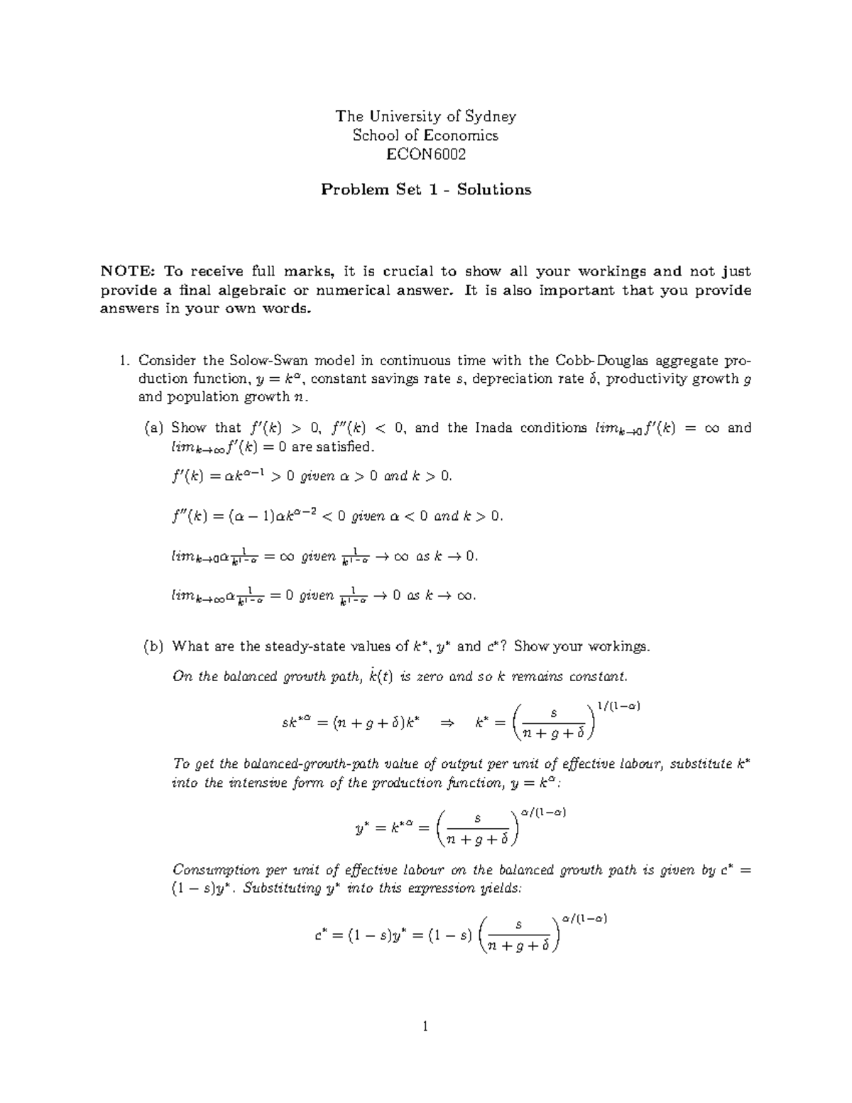 ECON6002 PS1 Sol - The University of Sydney School of Economics ECON Problem Set 1 - Solutions ...