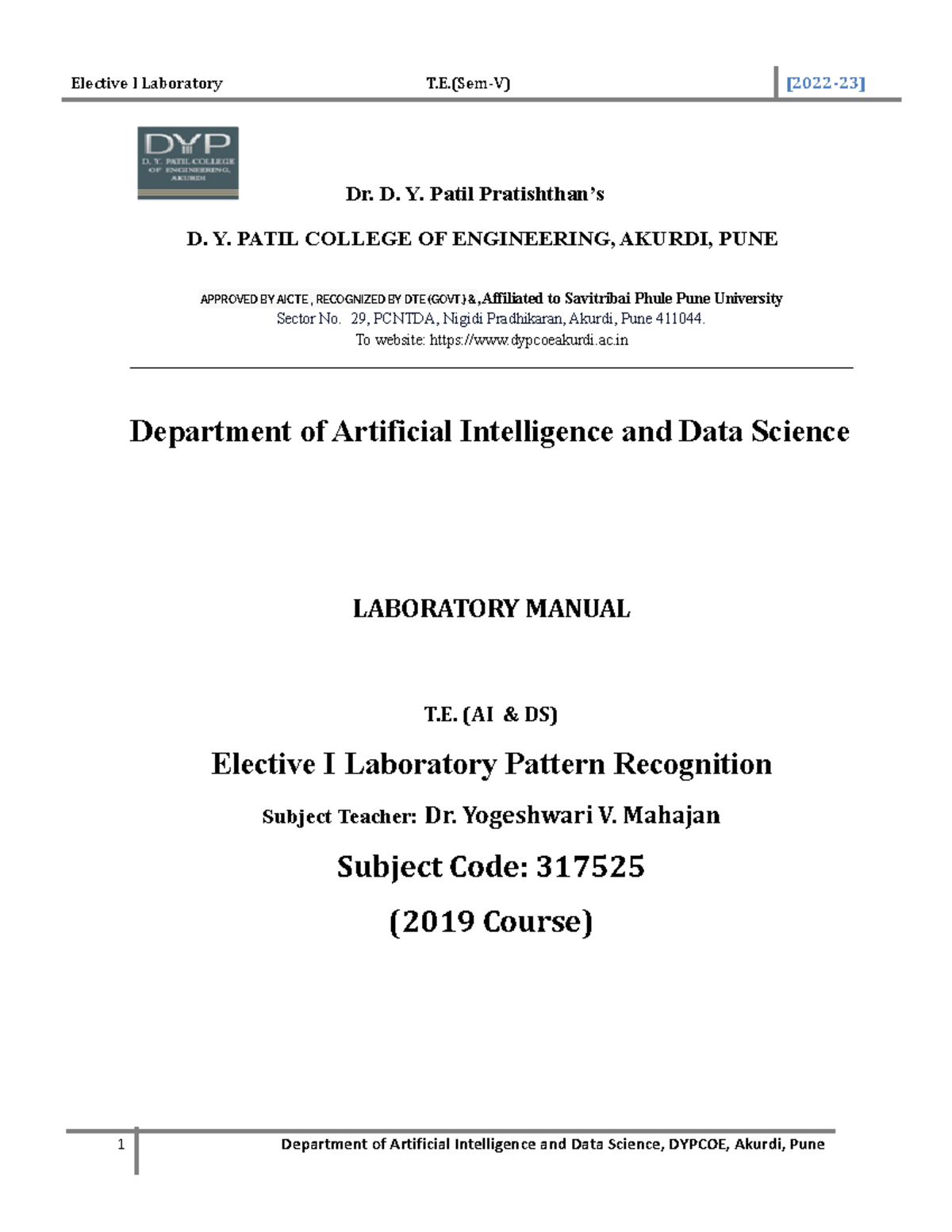 PR LAB Manual final - Pattern recognition lab writeup - Dr. D. Y. Patil Pratishthan’s D. Y ...
