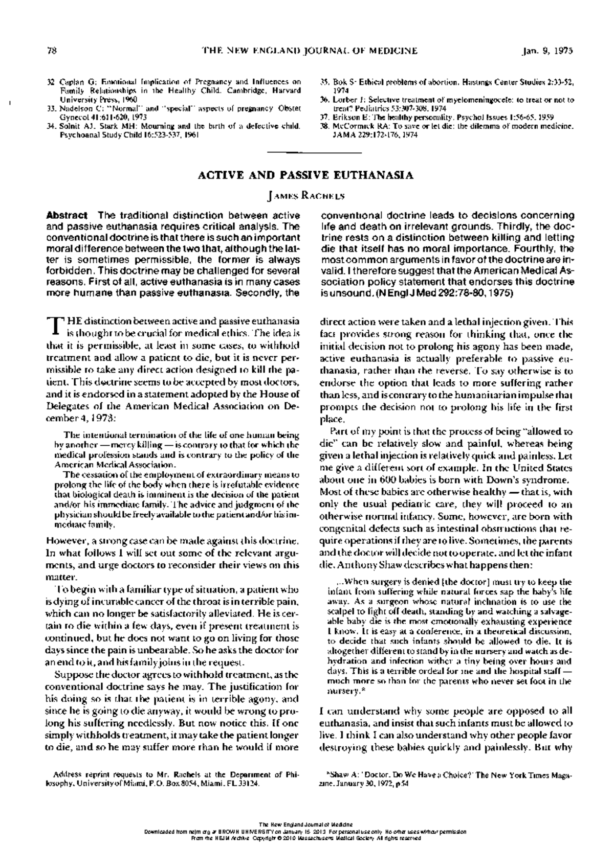 Rachels 1975 - reading - PH1027 - The New England Journal of Medicine ...