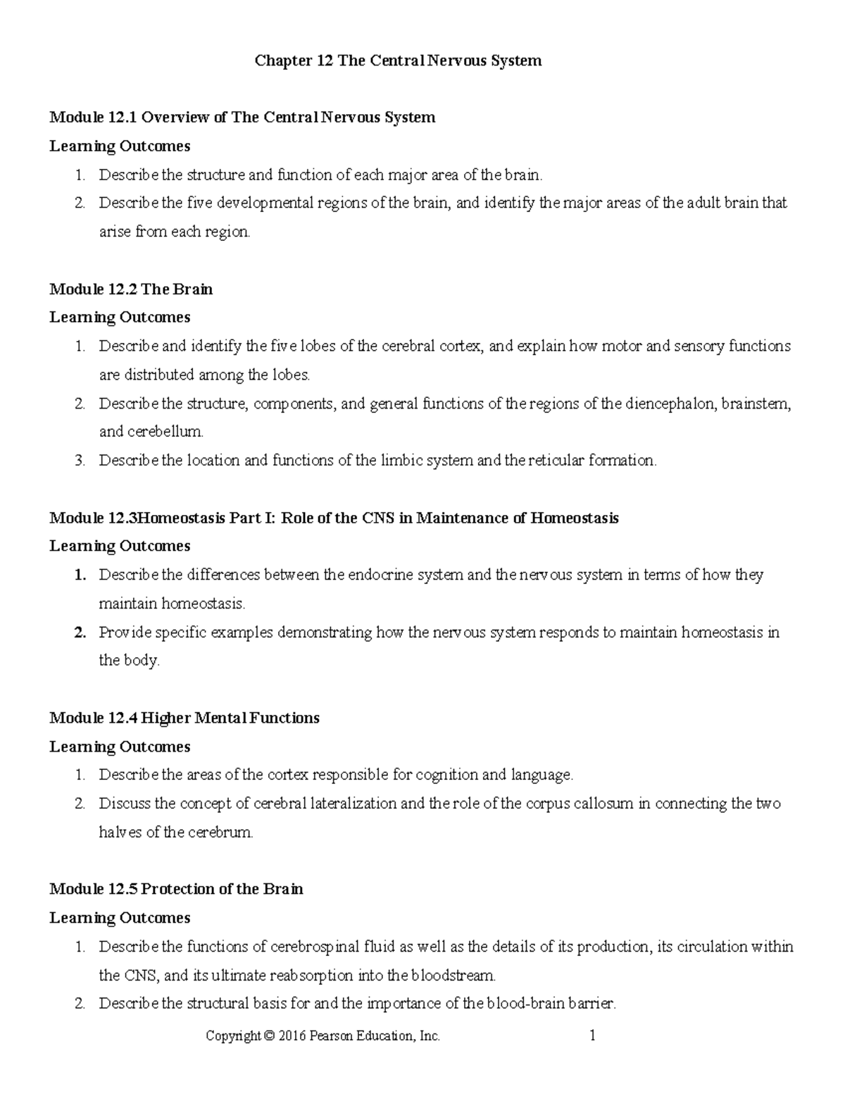 Ch 12 objectives - Chapter 12 The Central Nervous System Module 12 ...