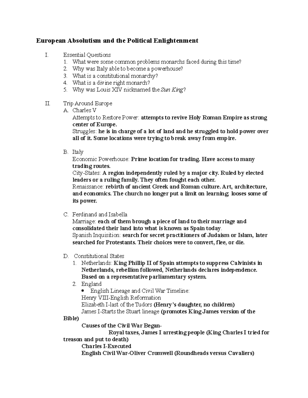 Part 1 European Absolutism and the Political Enlightenment Outline ...