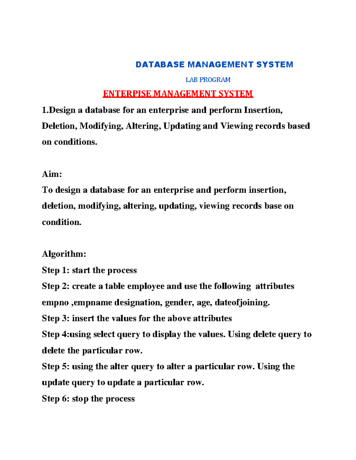1-5 DBMS Programs Edited - DATABASE MANAGEMENT SYSTEM LAB PROGRAM ...