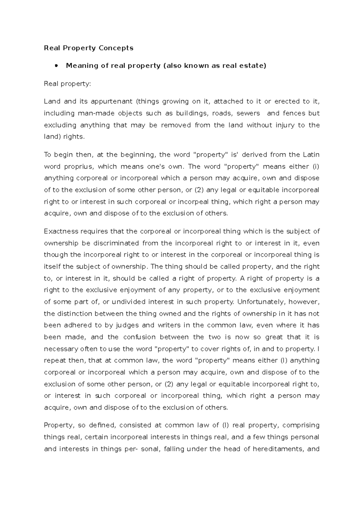 Week 1 - Real Property Concepts - Real Property Concepts Meaning of ...