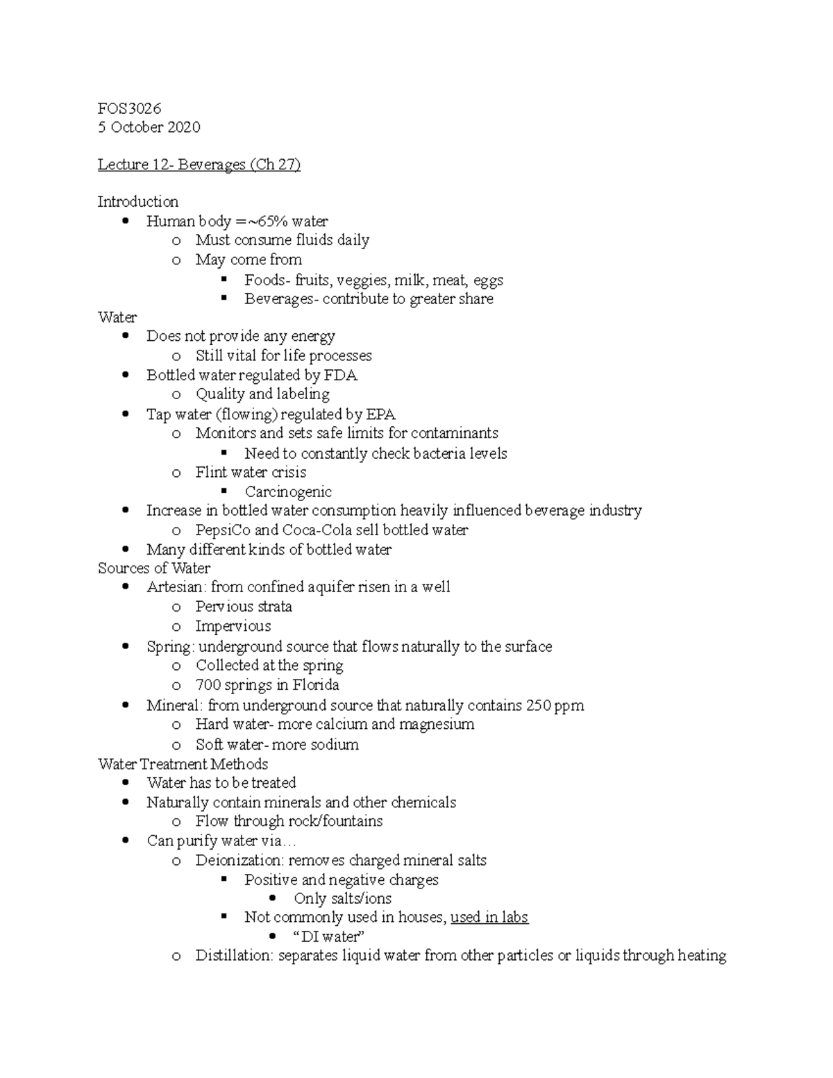 Beverages - Lecture notes 12 - FOS 5 October 2020 Lecture 12- Beverages ...
