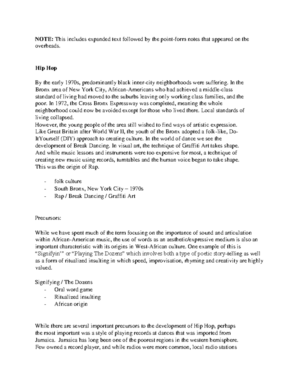 Hip Hop Lecture Notes 2019 - NOTE: This includes expanded text followed ...